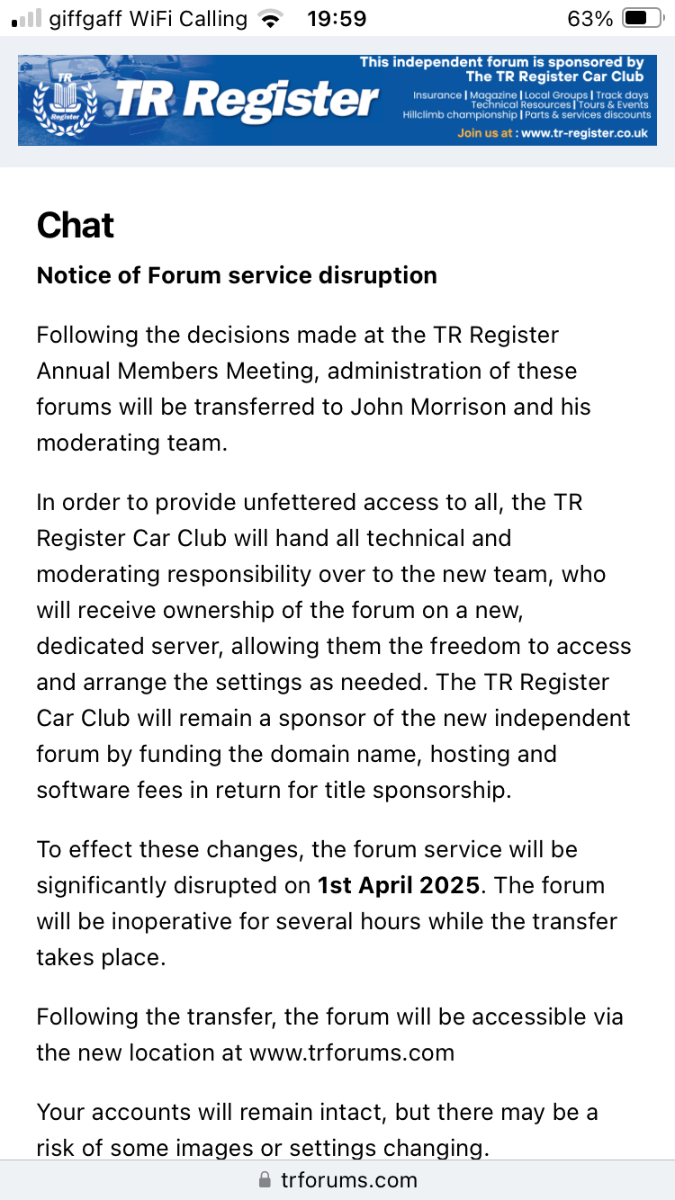Forum notice re 'disruption' - Chat - TR Forums